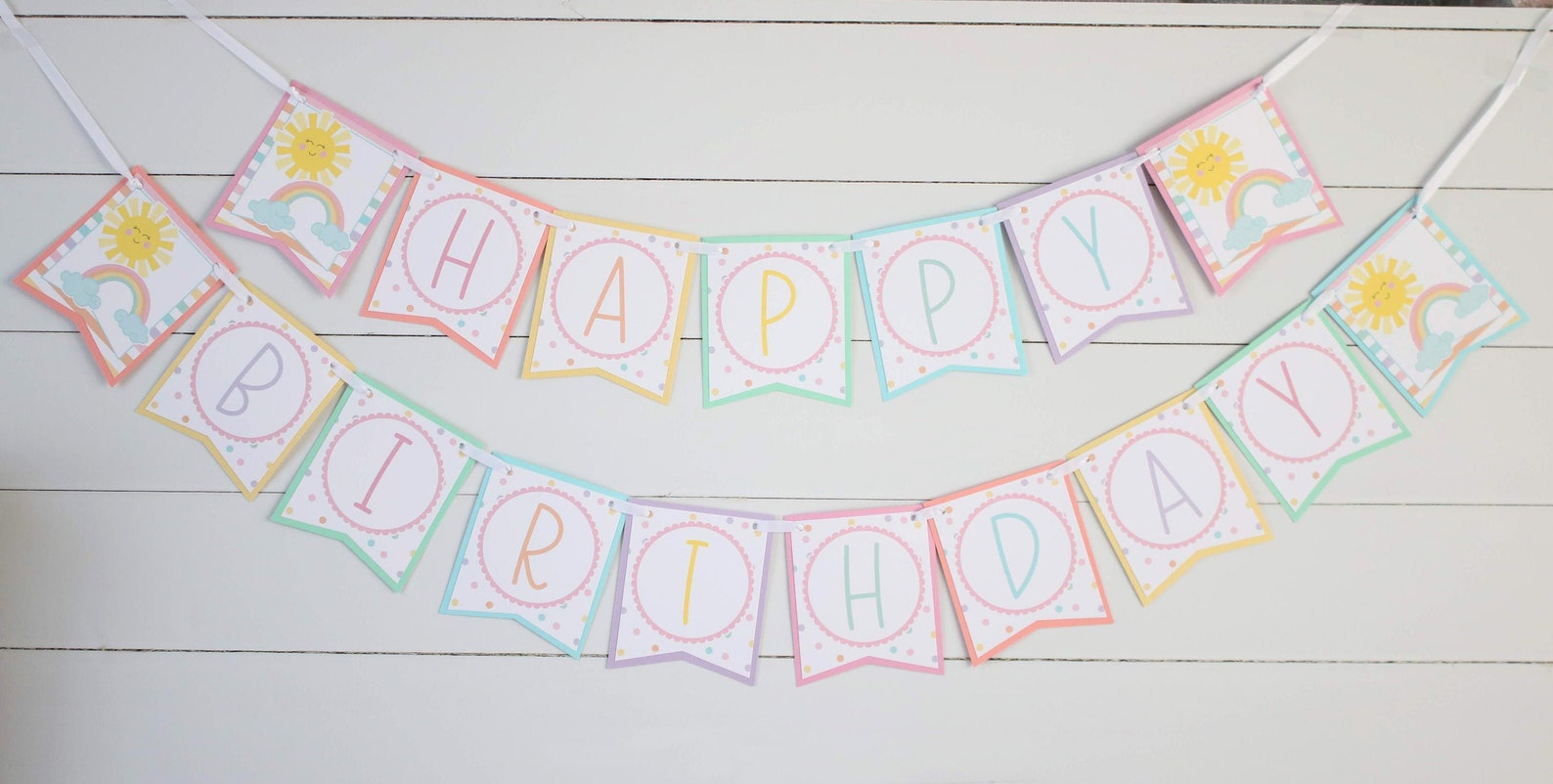 Rainbow Sunshine Birthday Banner Pastel Rainbow Happy | Etsy