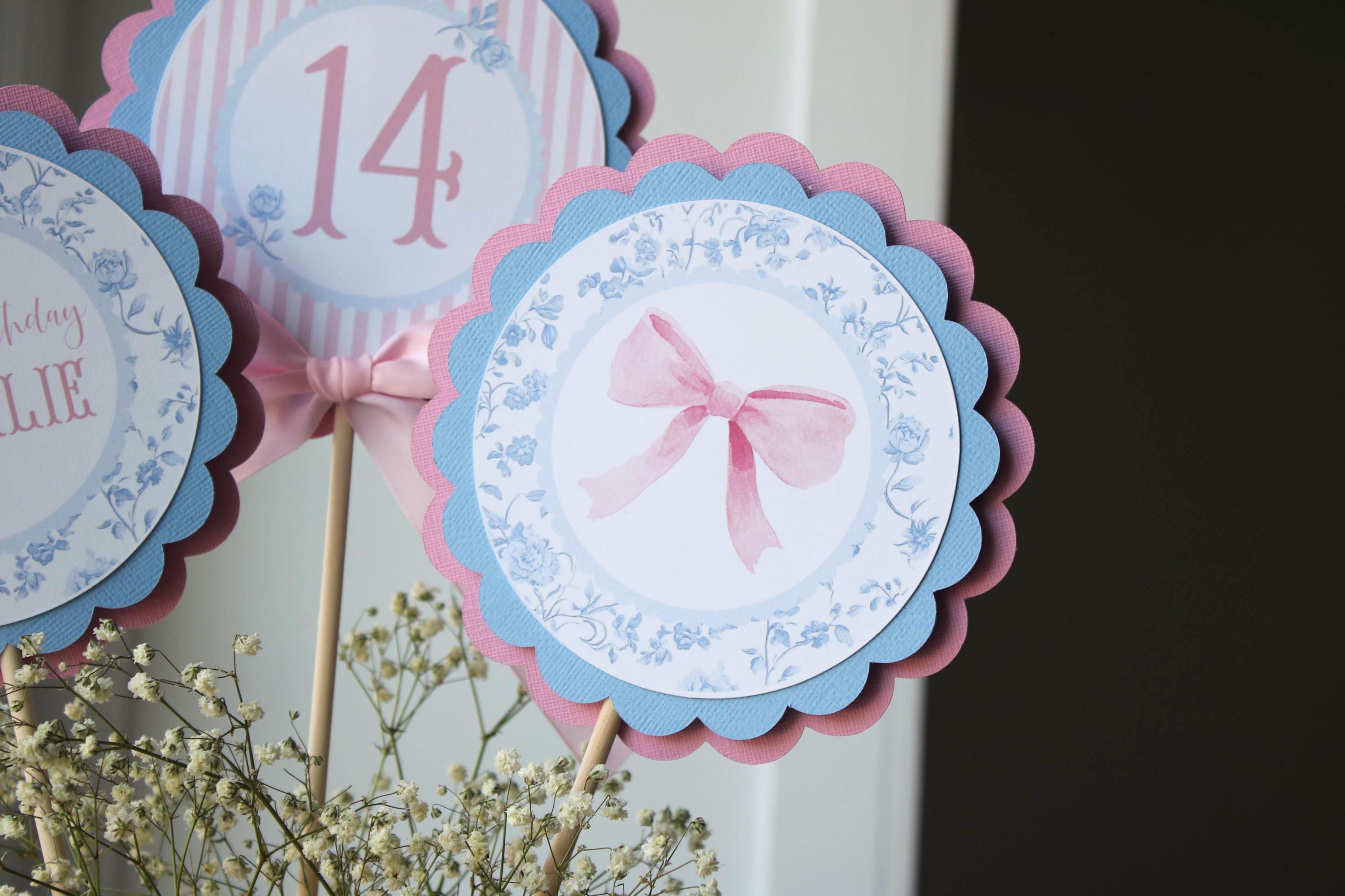 Coquette Pink Bow Birthday Party Centerpiece Sticks, Pink Bow Blue ...