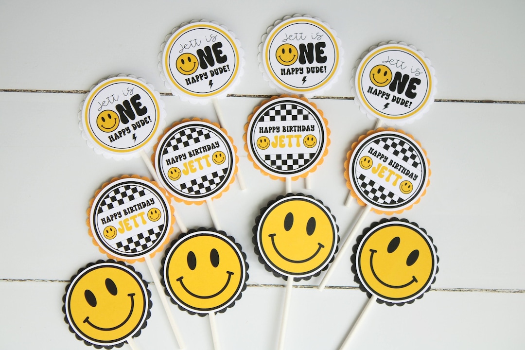 One Happy Dude Cupcake Toppers, Happy Dude Smiley Face Birthday Party ...