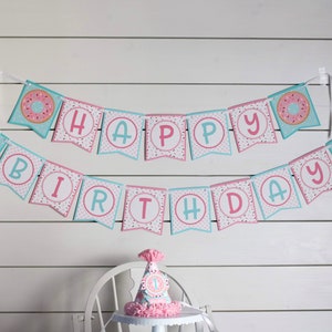 DONUT Birthday Banner, Pink & Aqua Donut Grow up Birthday Decorations ...