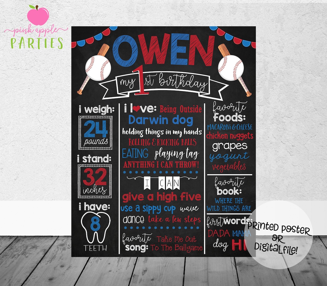 Baseball Birthday Chalkboard - First Year Stats Milestones, Red, White ...