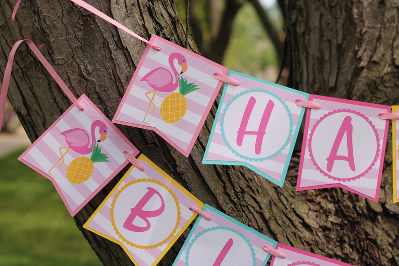 Flamingos Pineapples Birthday Banner Pink Flamingo and | Etsy