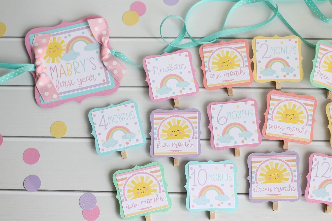 Rainbow Sunshine Birthday Photo Banner, Pastel Rainbow First Birthday ...