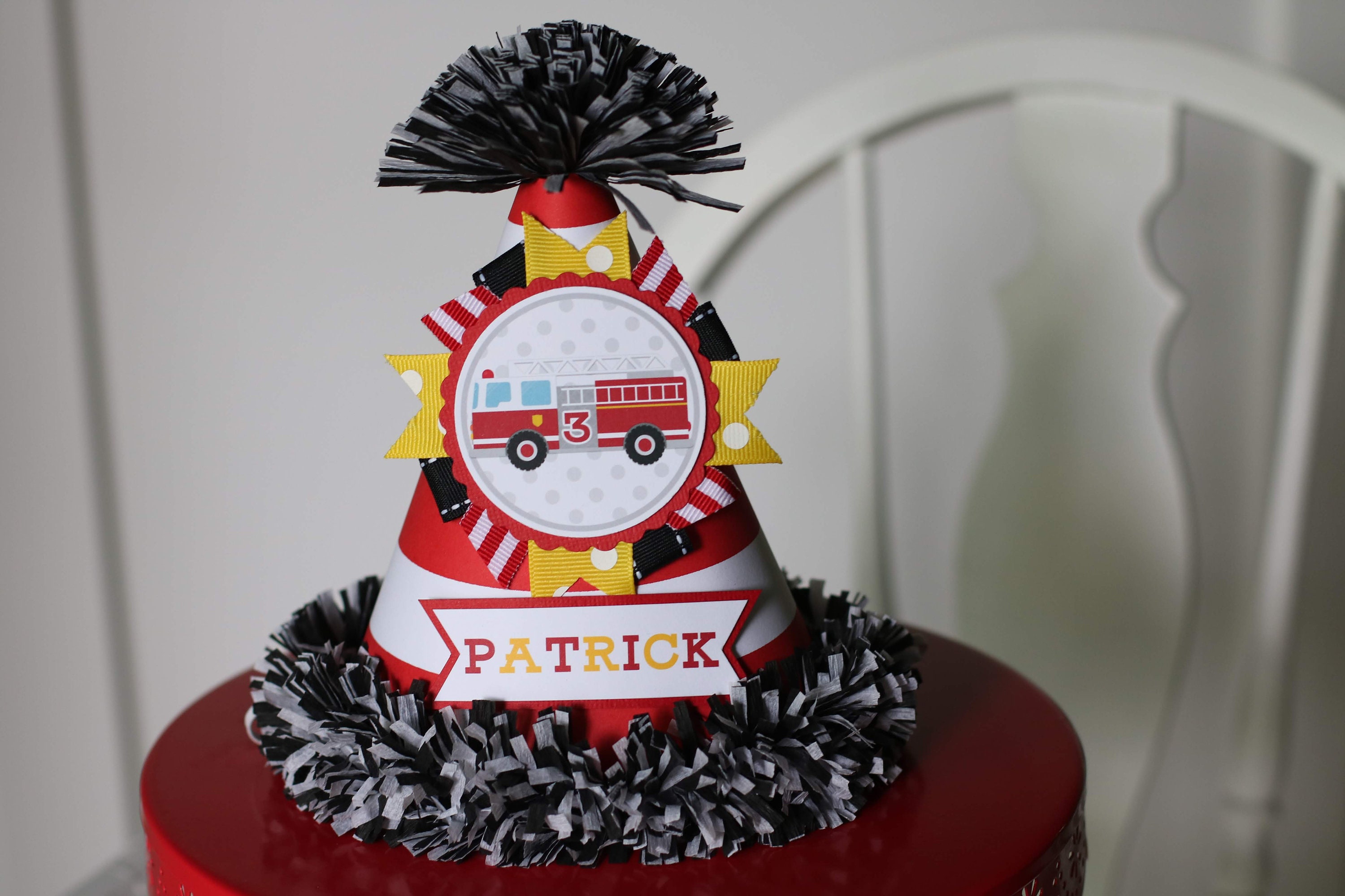 Firetruck Birthday Party Hat - Fire Truck Birthday Hat Red Black Yellow ...