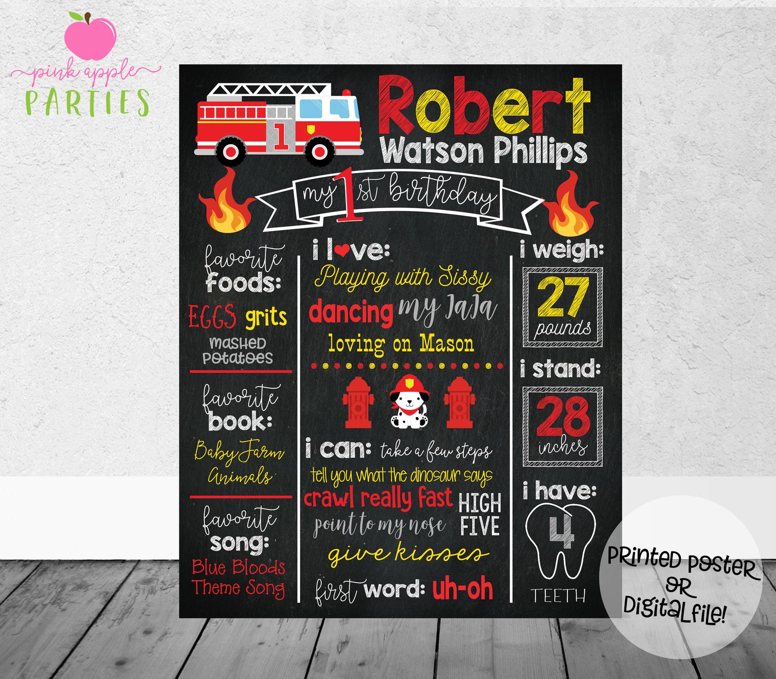 Firetruck Birthday Chalkboard Firefighter First Year Stats Fire Truck ...