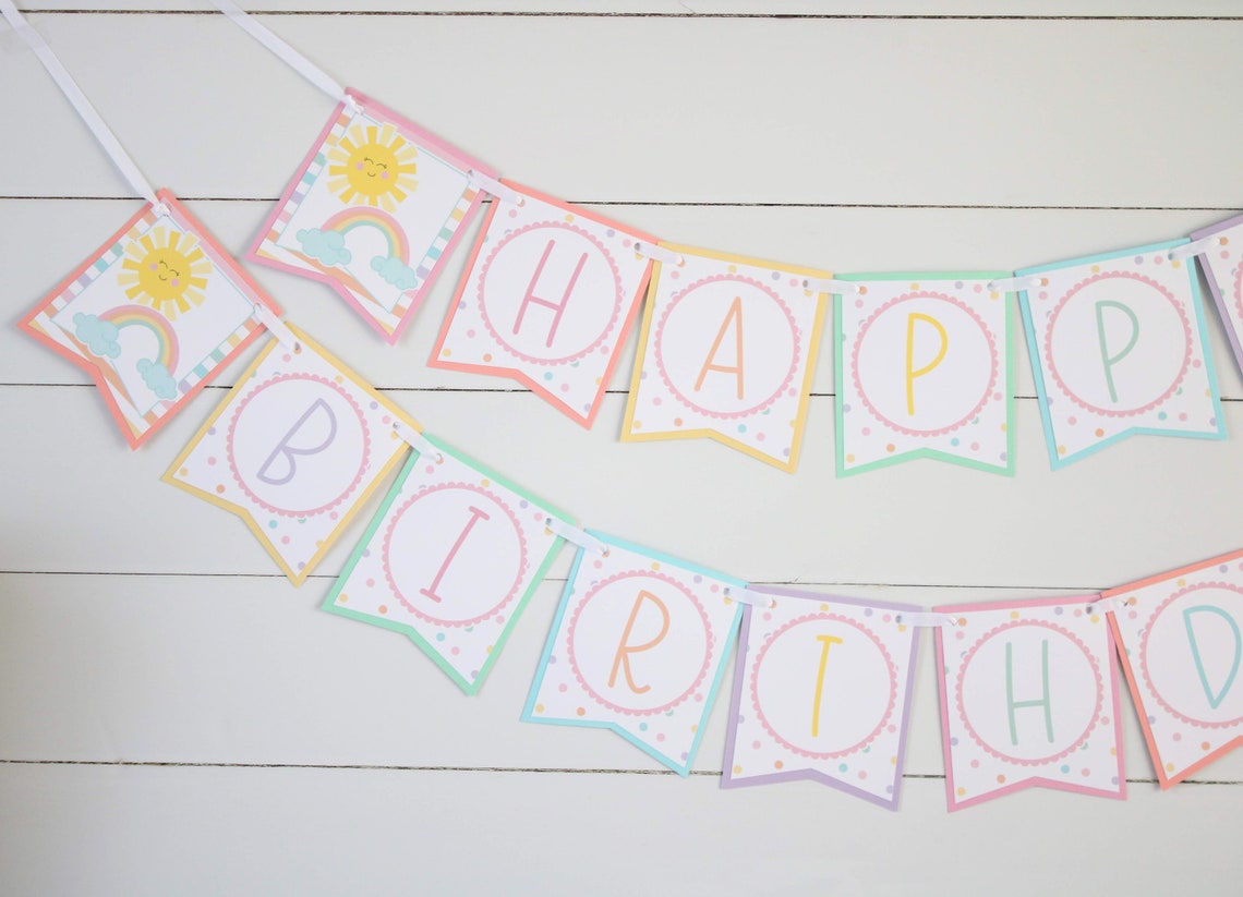 Rainbow Sunshine Birthday Banner Pastel Rainbow Happy | Etsy