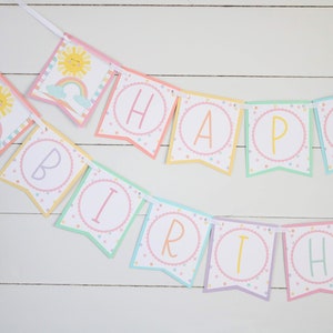 Rainbow Sunshine Birthday Banner, Pastel Rainbow Happy Birthday Banner ...