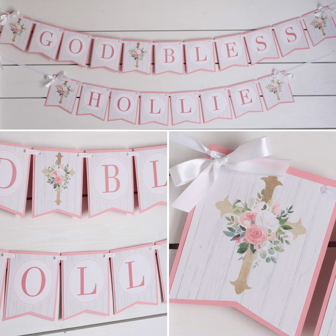 Floral Baptism Banner: Pink Roses, God Bless, Christening Decor - Etsy