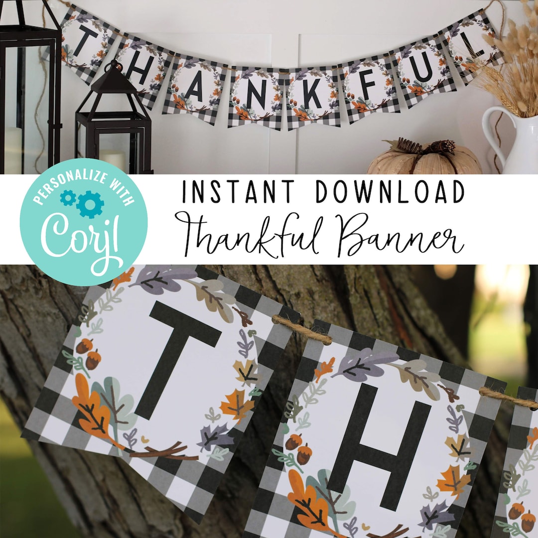 Thanksgiving Banner Printable, DIY Buffalo Plaid "thankful" Banner ...