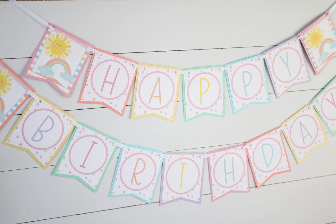 Rainbow Sunshine Birthday Banner Pastel Rainbow Happy | Etsy