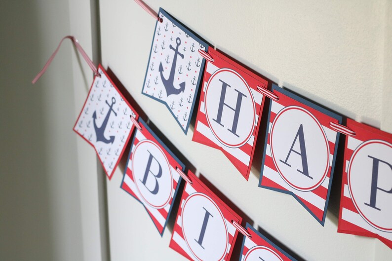 Nautical Birthday Banner - Nautical Anchors Happy Birthday Banner ...