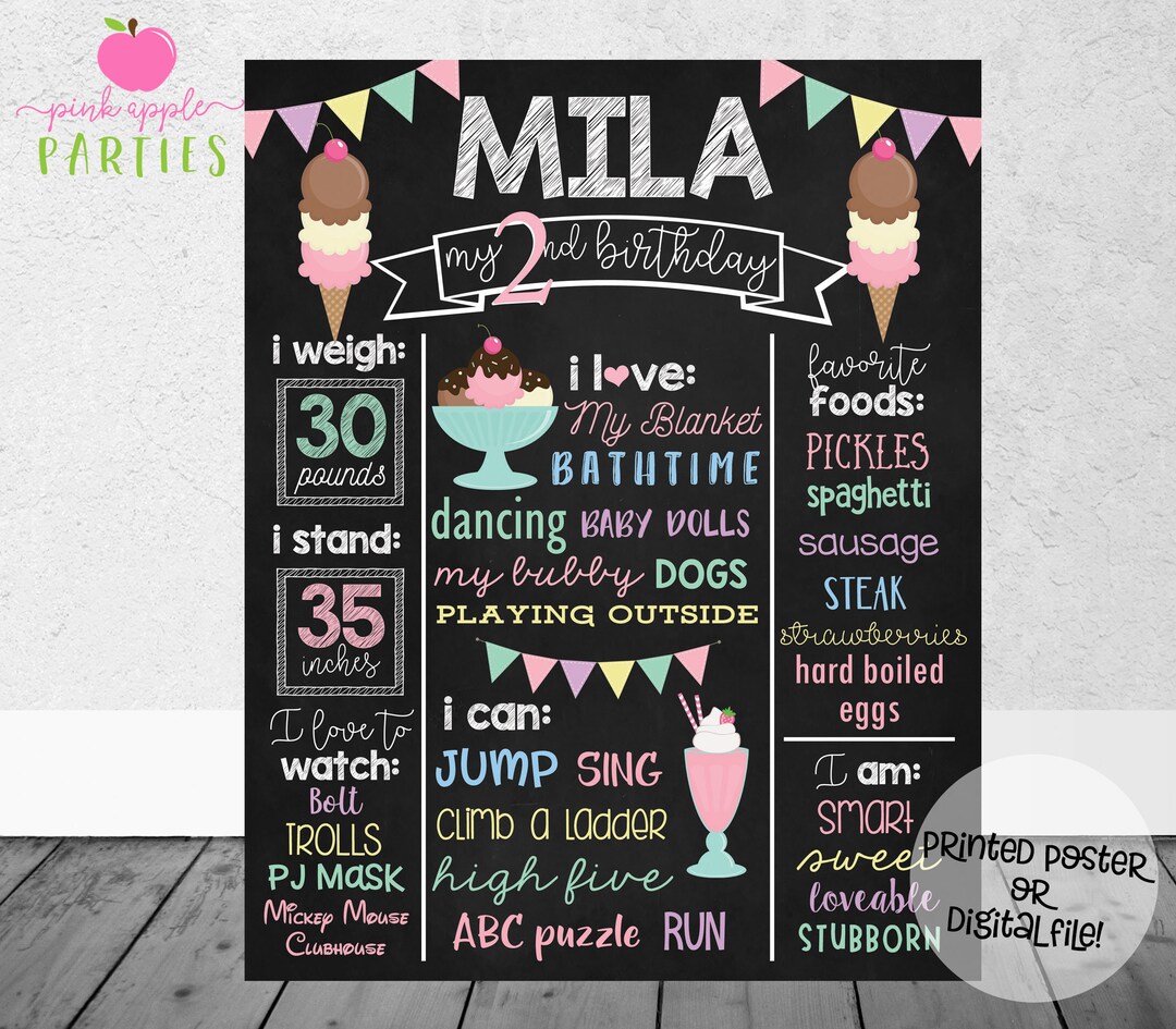 Ice Cream Birthday Chalkboard - First or Second Year Stats Milestones ...
