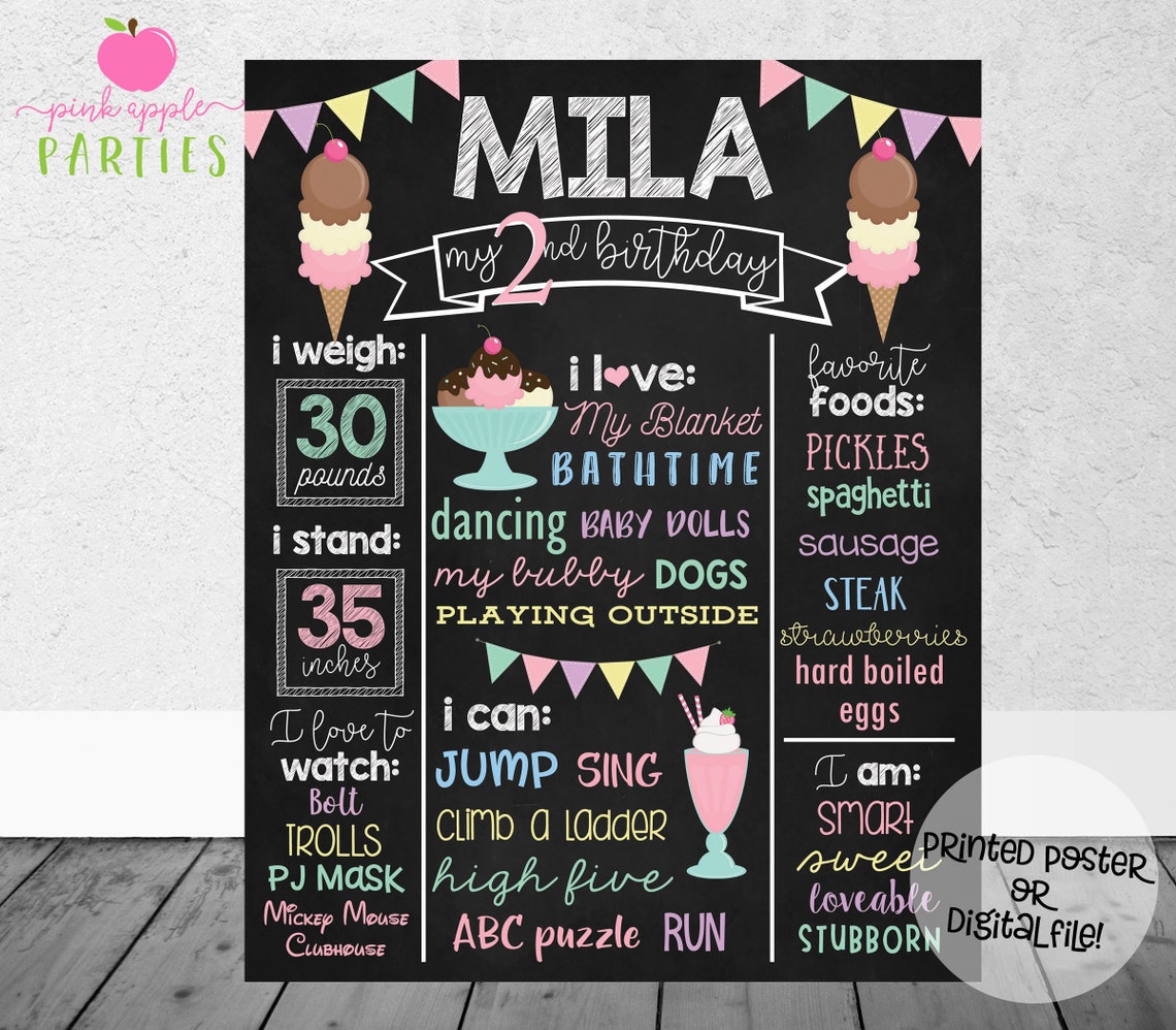 Ice Cream Birthday Chalkboard First or Second Year Stats | Etsy
