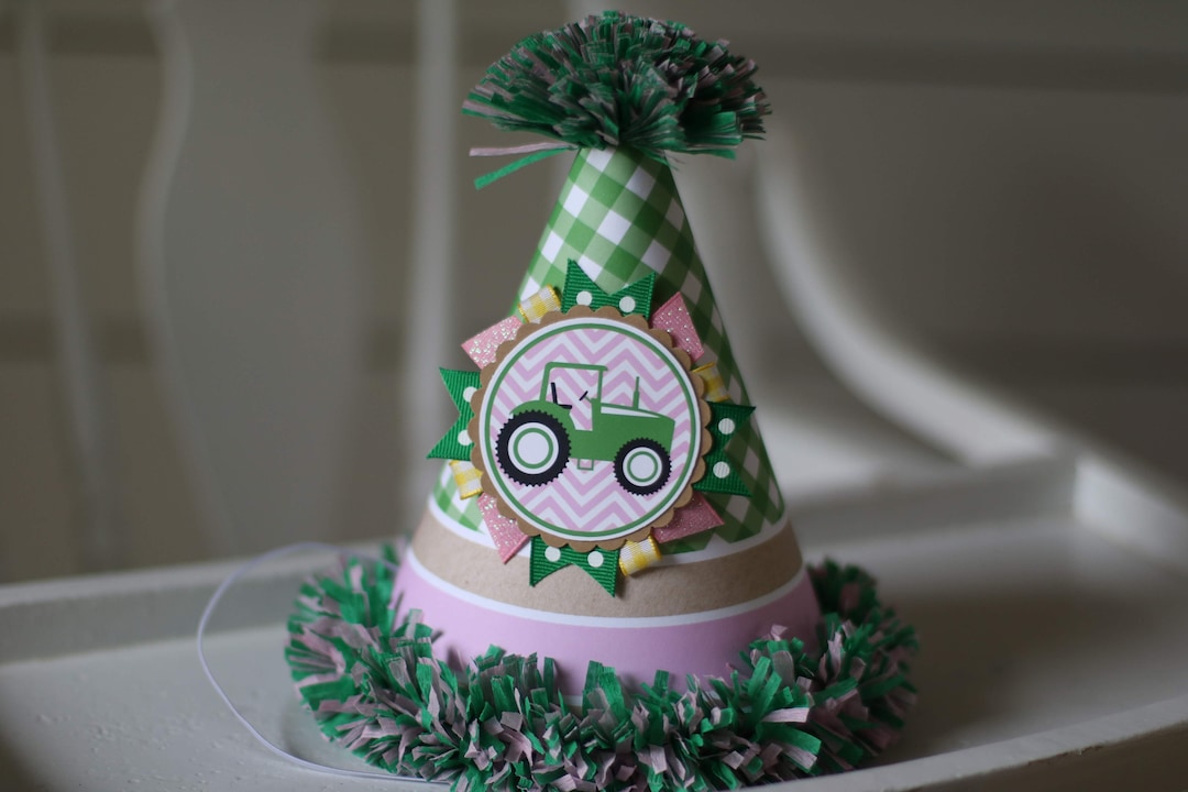 Girl Tractor Birthday Party Hat - Green Yellow Pink Tractor Birthday ...
