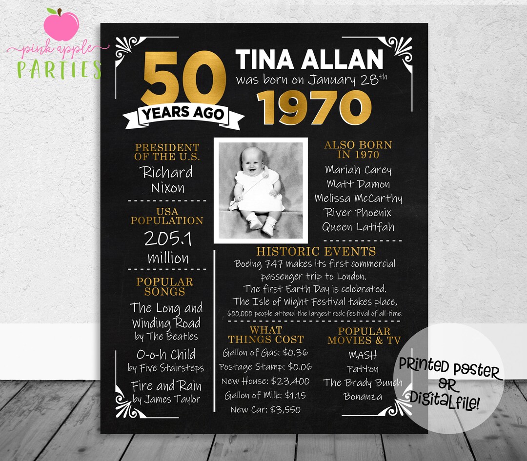 50th Birthday Poster With Photo, Back in 1970, 50 Years Ago Decade ...