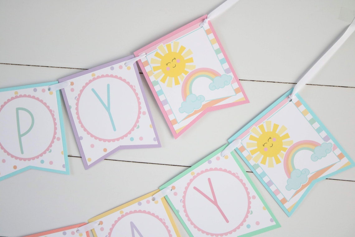 Rainbow Sunshine Birthday Banner Pastel Rainbow Happy | Etsy