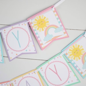 Rainbow Sunshine Birthday Banner, Pastel Rainbow Happy Birthday Banner ...