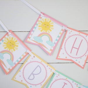 Rainbow Sunshine Birthday Banner, Pastel Rainbow Happy Birthday Banner ...