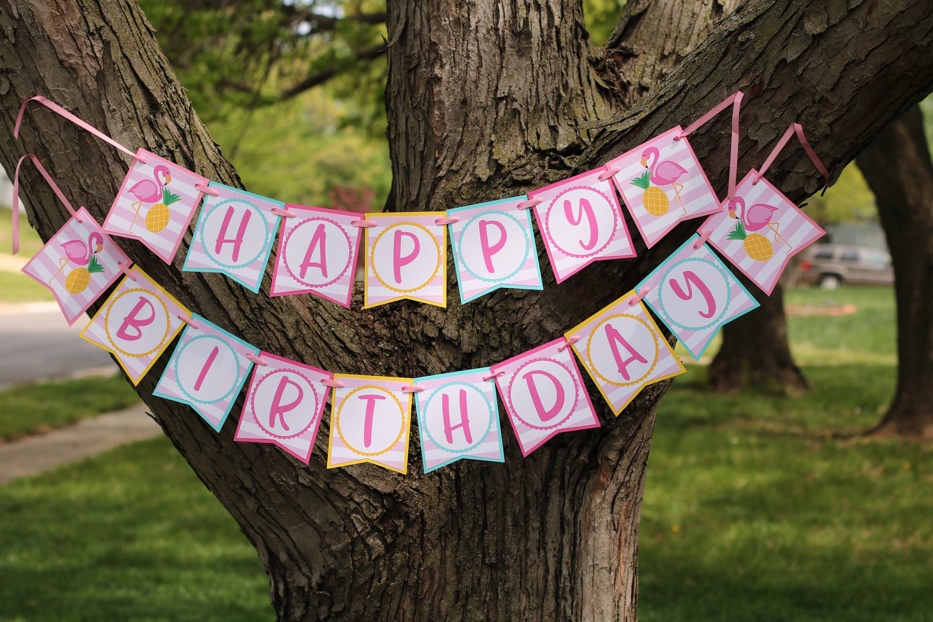 Flamingos Pineapples Birthday Banner Pink Flamingo and | Etsy