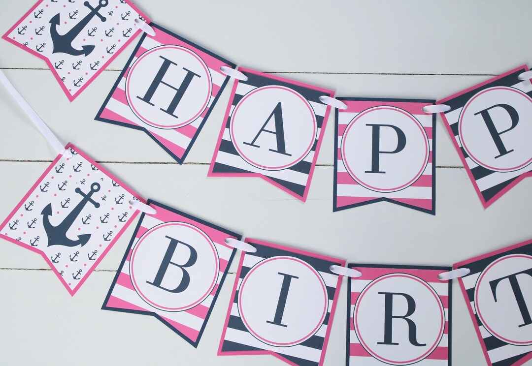 Nautical Birthday Banner - Pink & Navy Anchors Happy Birthday Banner ...