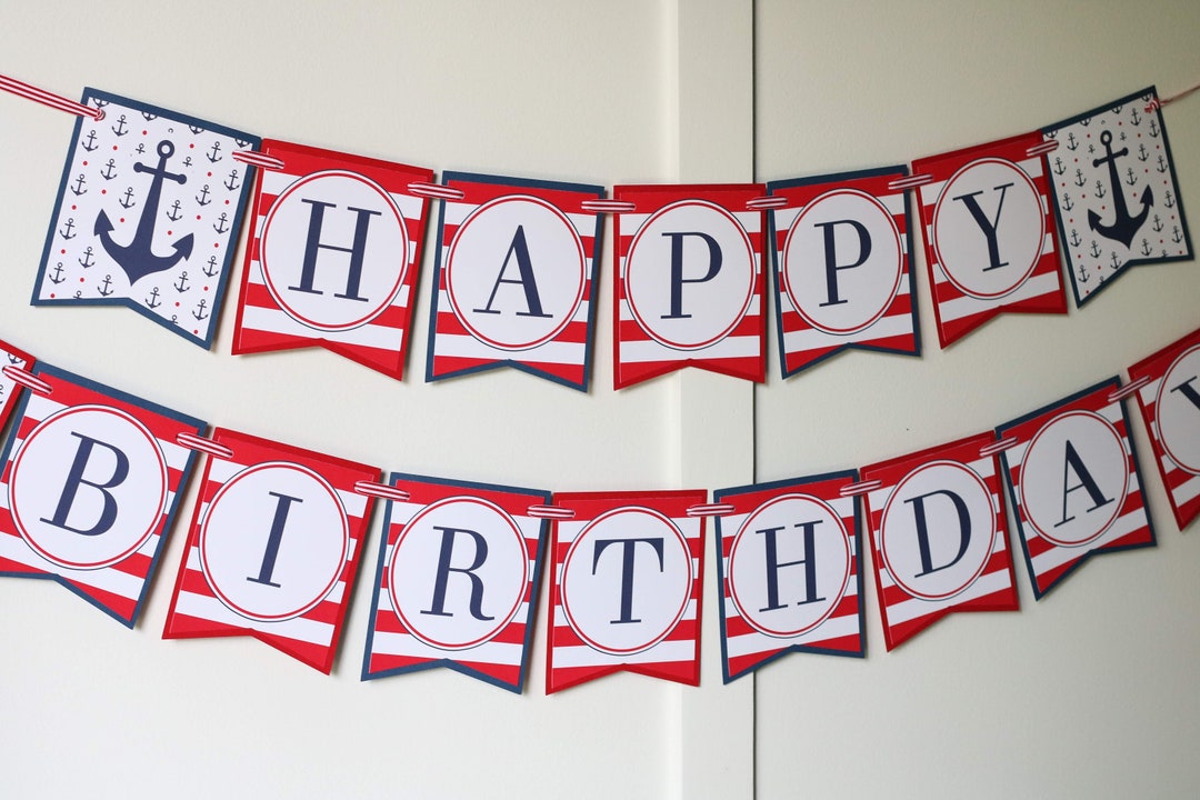 Nautical Birthday Banner - Nautical Anchors Happy Birthday Banner ...