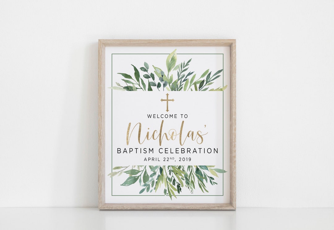 Baptism Sign, Religious Event Welcome Sign or Poster, Greenery & Gold ...