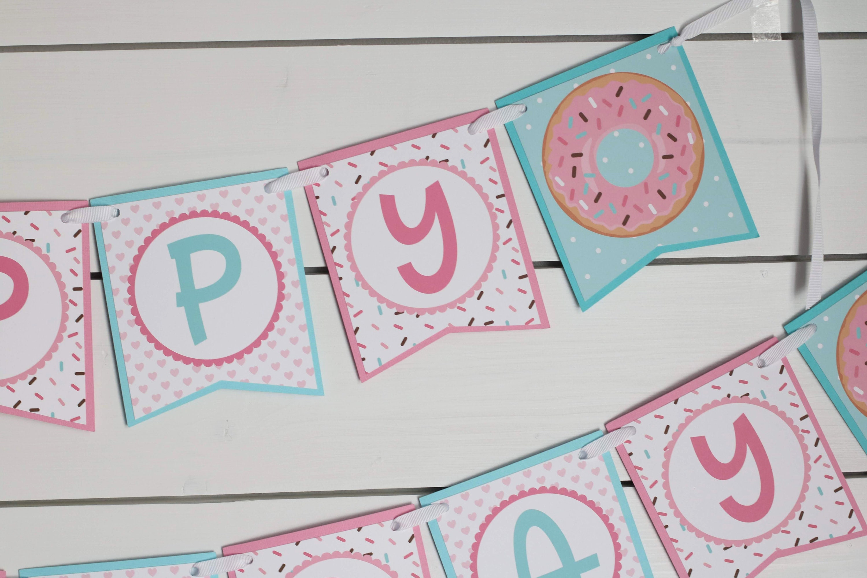 DONUT Birthday Banner Pink & Aqua Donut Grow Up Birthday | Etsy