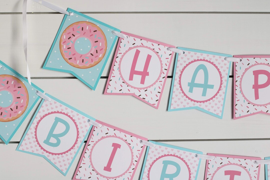 DONUT Birthday Banner, Pink & Aqua Donut Grow up Birthday Decorations ...