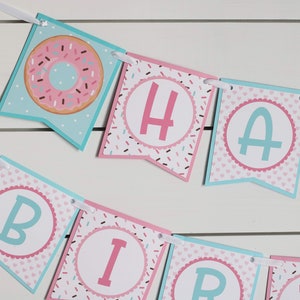 DONUT Birthday Banner, Pink & Aqua Donut Grow up Birthday Decorations ...