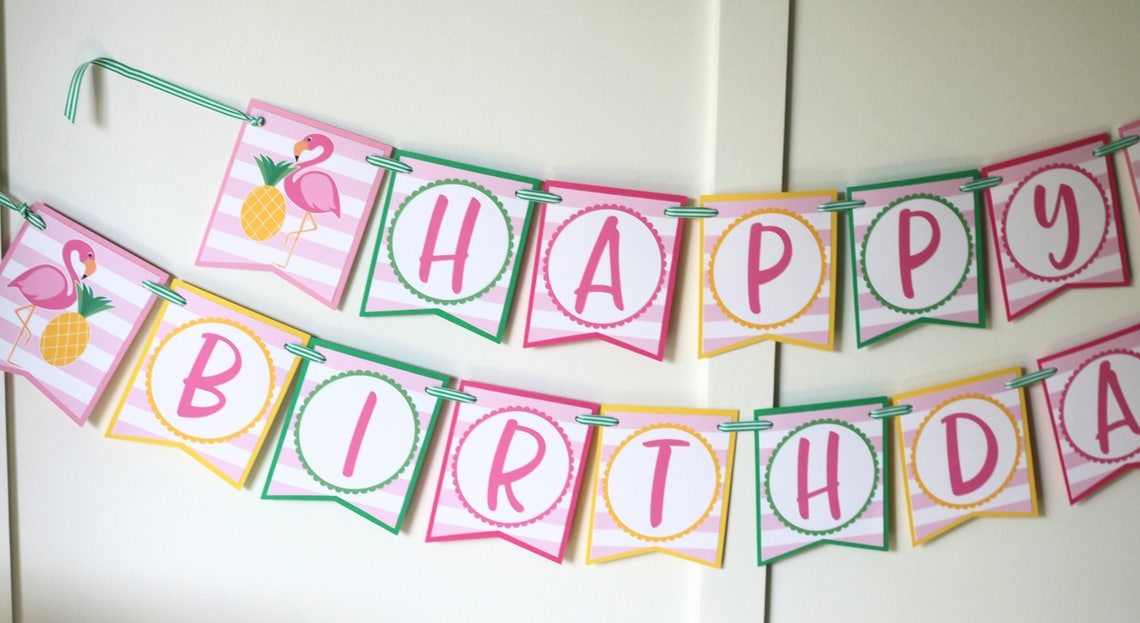 Flamingos Pineapples Birthday Banner Pink Flamingo and | Etsy