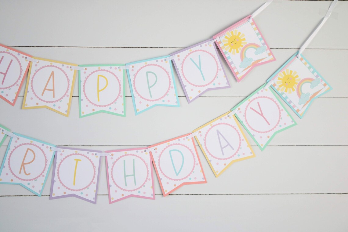 Rainbow Sunshine Birthday Banner Pastel Rainbow Happy | Etsy
