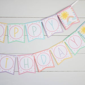 Rainbow Sunshine Birthday Banner, Pastel Rainbow Happy Birthday Banner ...