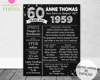 60th Birthday Chalkboard Poster 60 Years Ago Birthday Sign 1959 Year ...