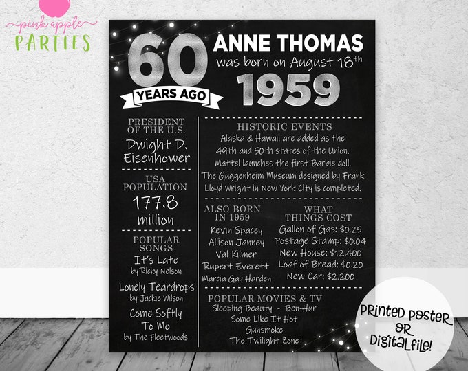 60th Birthday Poster 60 Years Ago Birthday Sign Born in 1959 Birthday ...