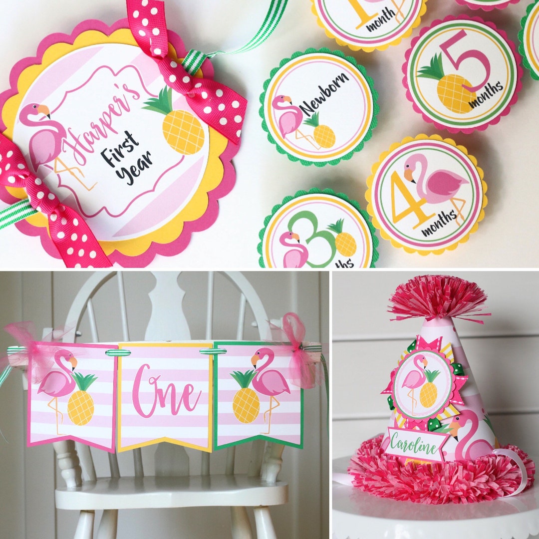 Flamingo & Pineapple FIRST BIRTHDAY Package - High Chair Banner ...