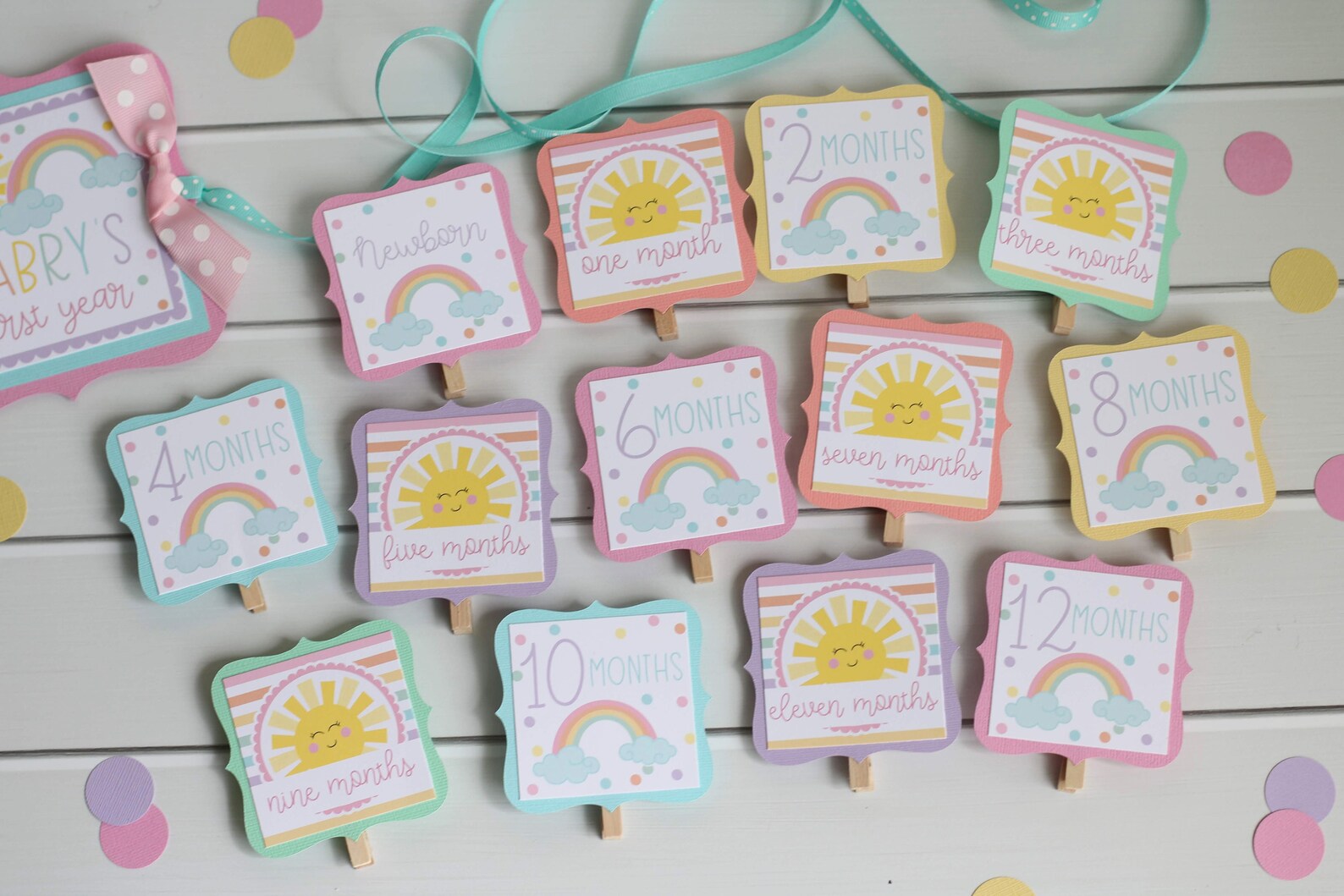 Rainbow Sunshine Birthday Photo Banner, Pastel Rainbow First Birthday ...