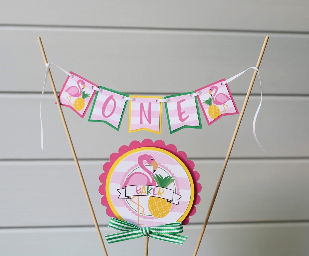 Flamingo Pineapple Cake Topper Set - Cake Bunting & Topper Set - Girly ...
