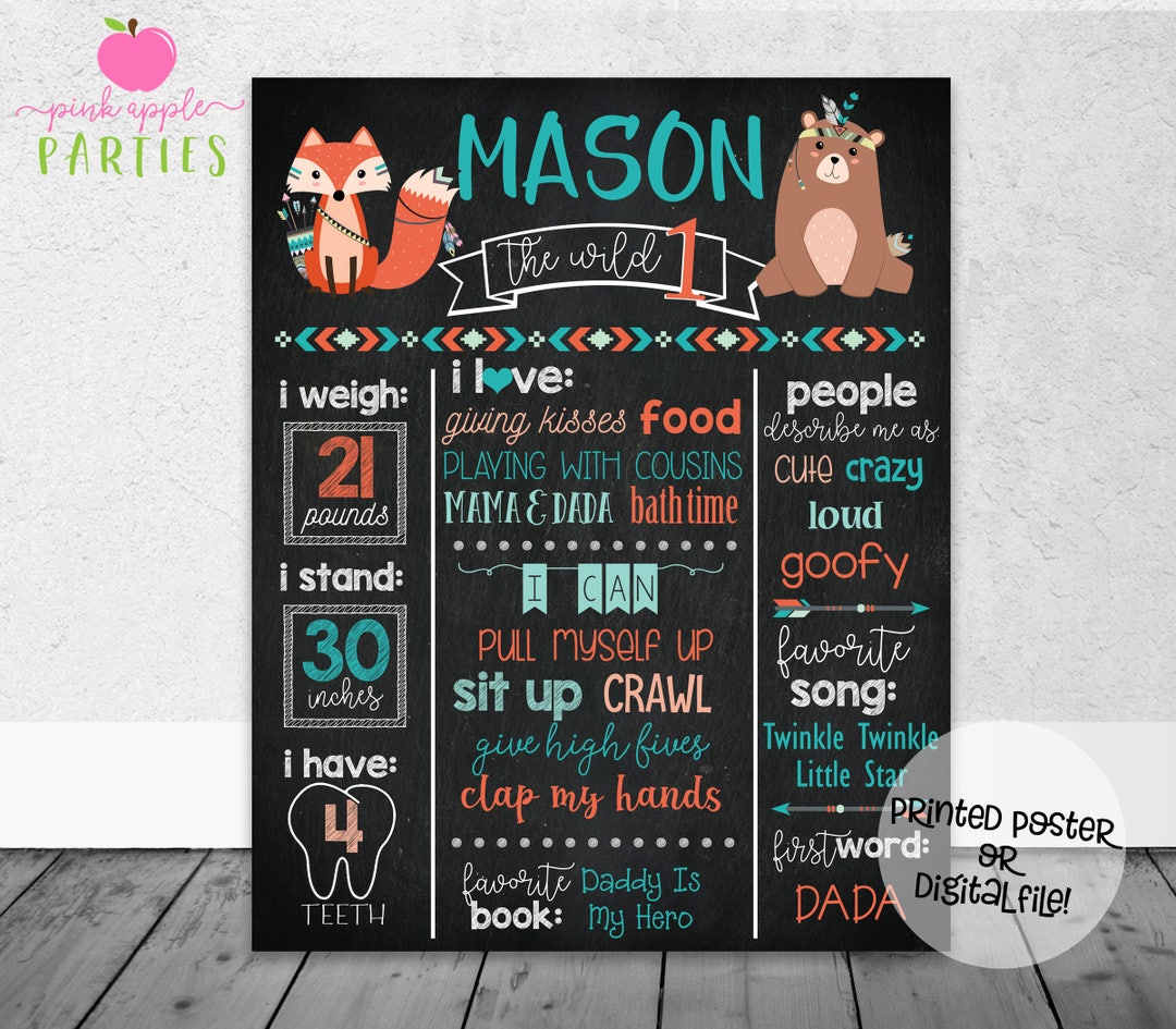 Tribal Animals Birthday Chalkboard - "wild One" First Year Stats Poster ...