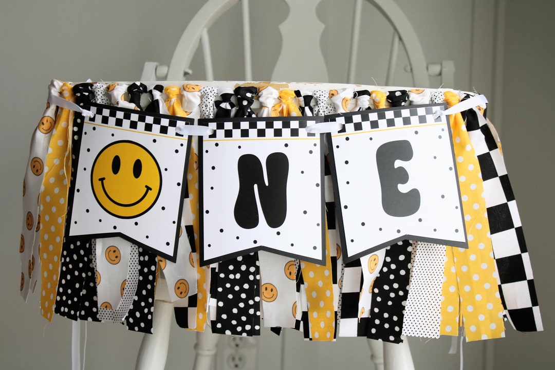 One Happy Dude High Chair Fabric Garland, Smiley Face Birthday High ...