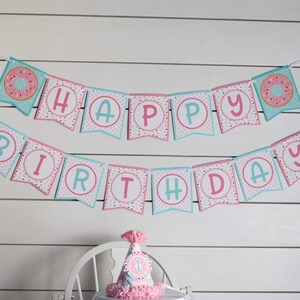 DONUT Birthday Banner, Pink & Aqua Donut Grow up Birthday Decorations ...