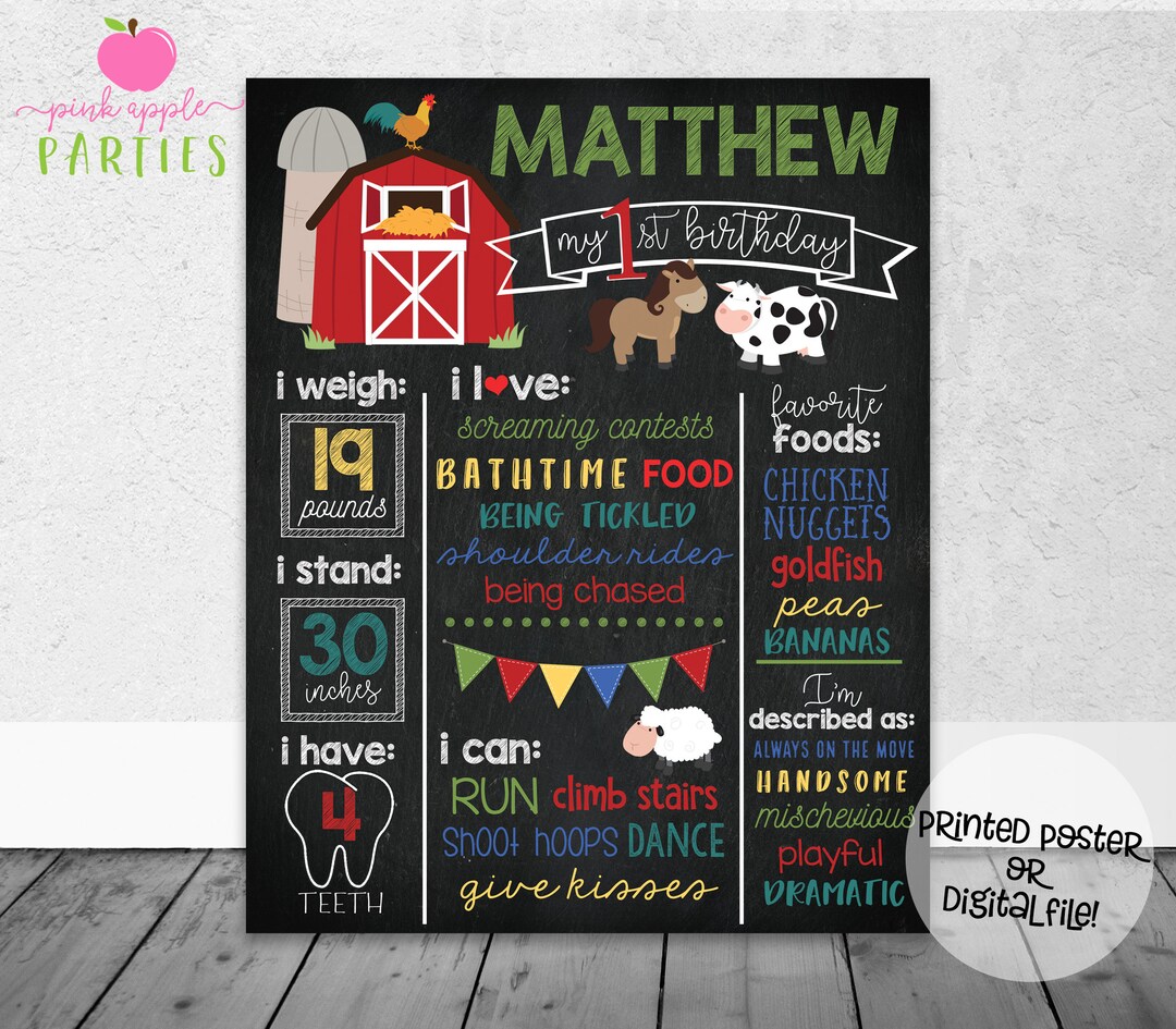Farm Birthday Chalkboard - First Year Stats Farm Animals First Birthday ...