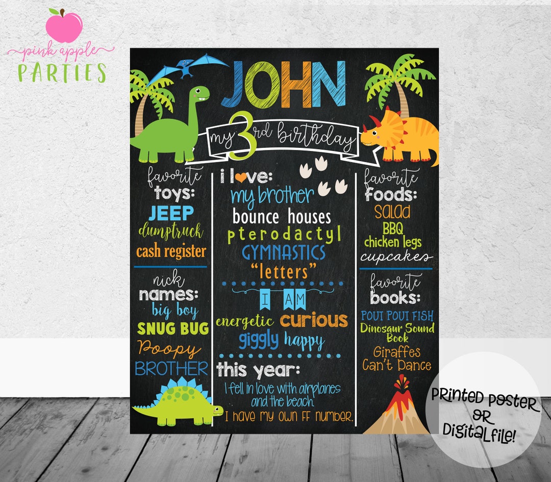 Dinosaur Birthday Chalkboard - Dinosaur Third Birthday Stats - Dinosaur ...