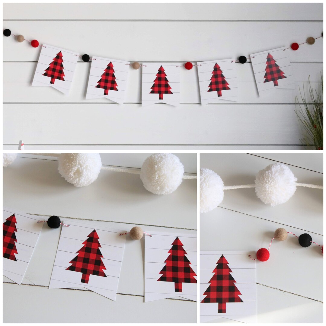 Christmas Banner, Farmhouse Christmas Felt Ball Banner, Buffalo Plaid ...