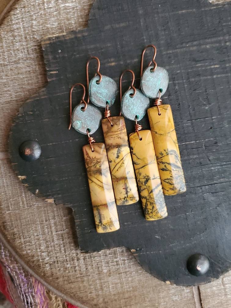 Jasper Earrings With Verdigris Connectors - Etsy