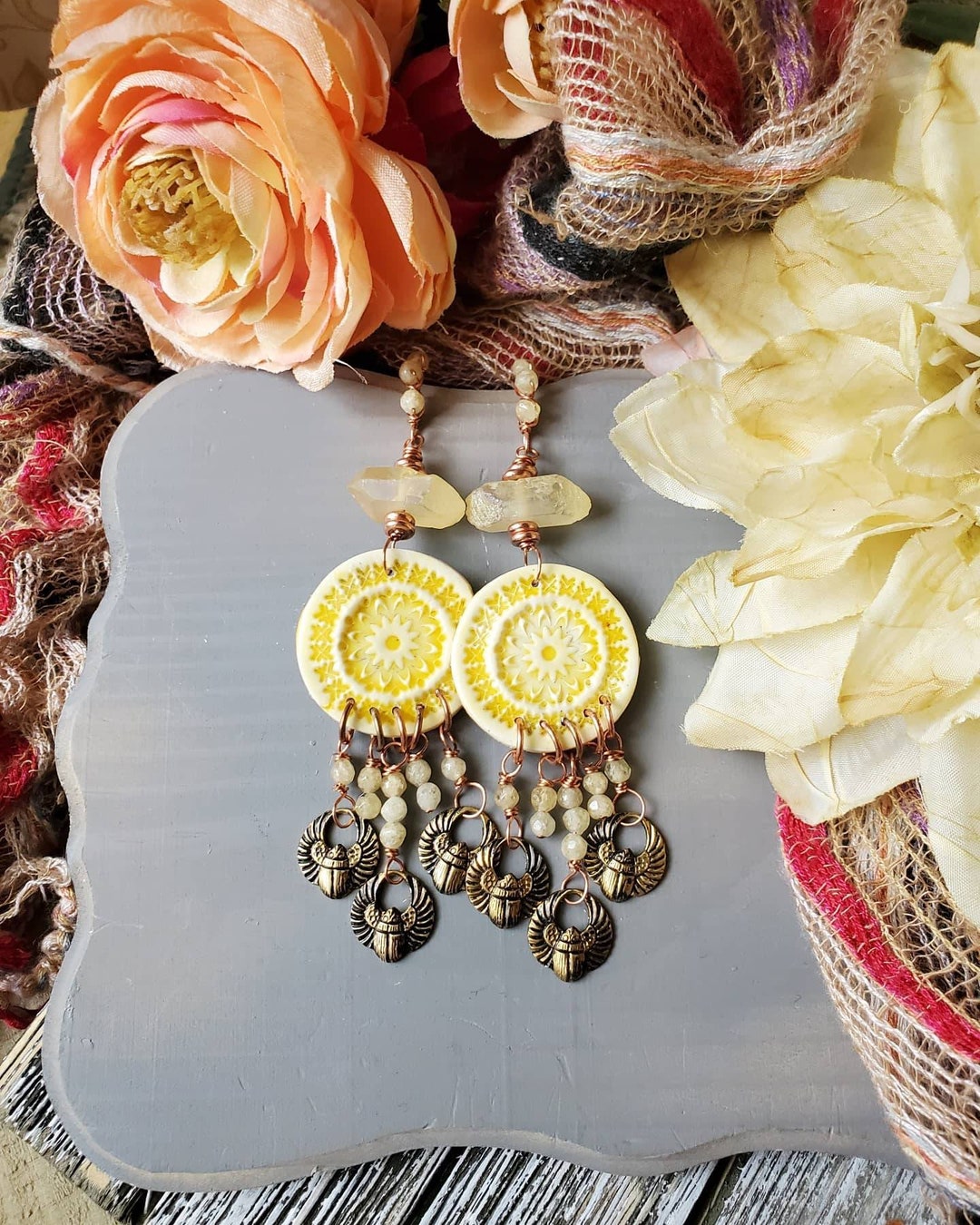 Yellow Polymer Clay Medallions With Aura Quartz, Citrine Druzy, and ...