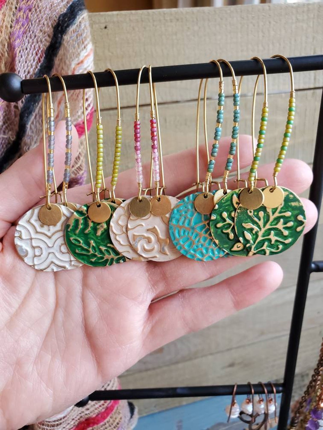 Patterned Brass Drops on Beaded Kidney Hooks - Etsy