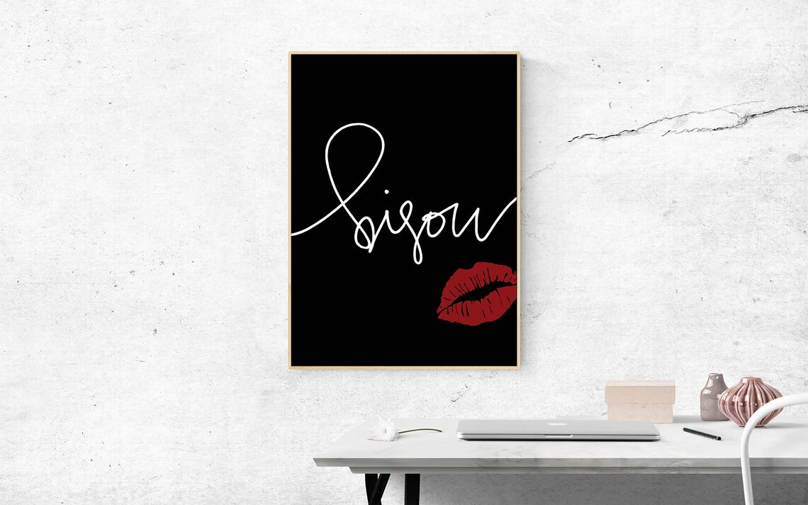 Bisou Print, Calligraphy Print, French Wall Art, Kiss Art, Lips Wall Art, Fasion Prints, Kisses ...