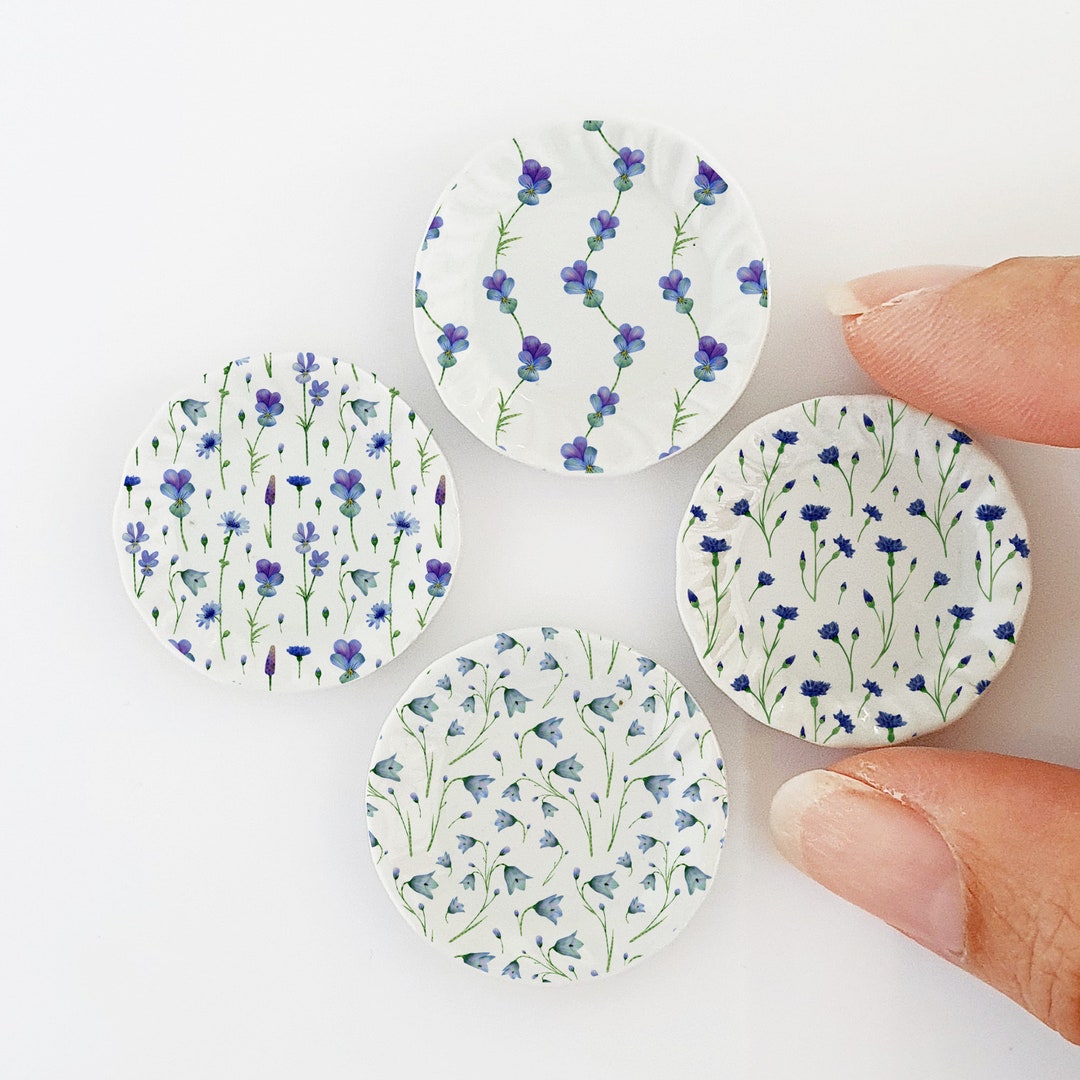 Handmade Miniature Ceramic Plates: Botanic Blue Floral Dollhouse ...