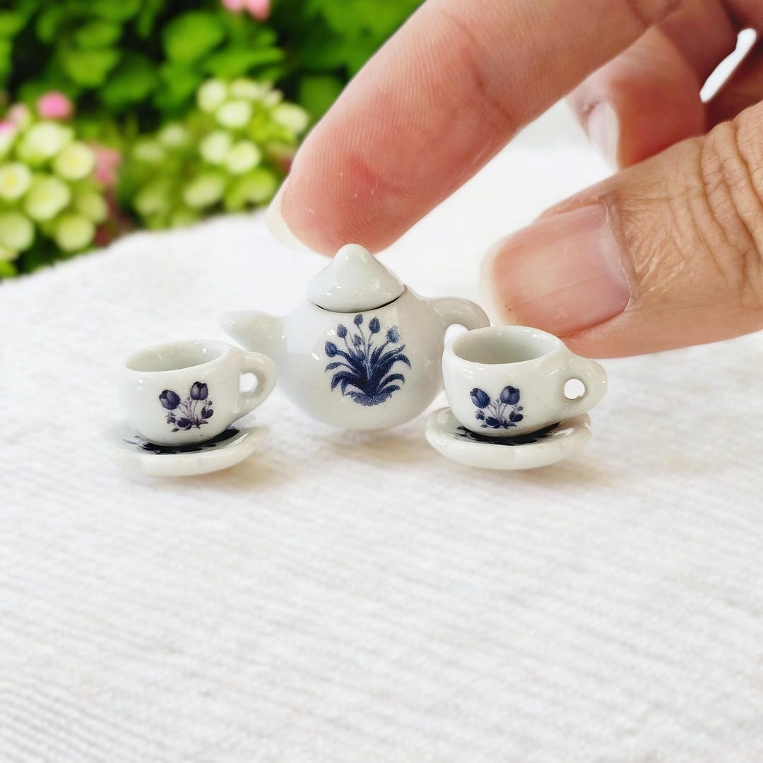 Handcrafted Miniature Ceramic Tea Set With Blue Floral Design ...