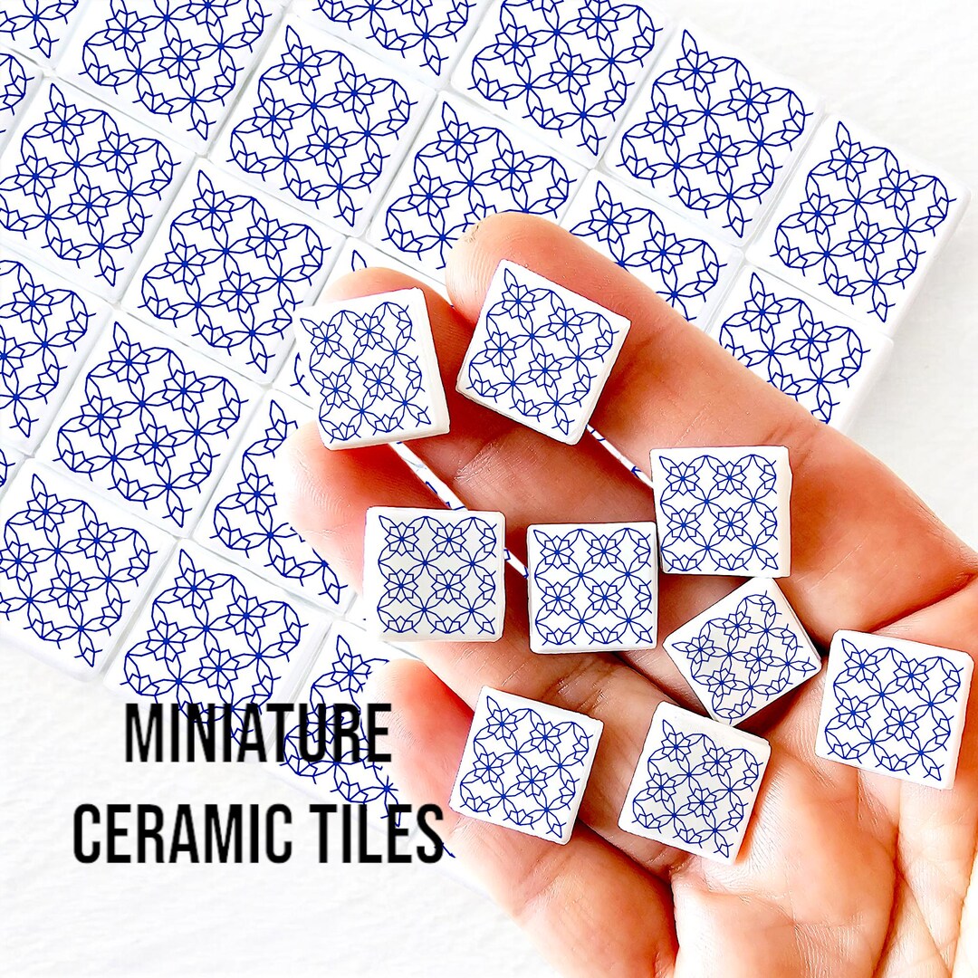 Handmade Miniature Ceramic Tiles, Dollhouse Decorating, Geometric Blue ...